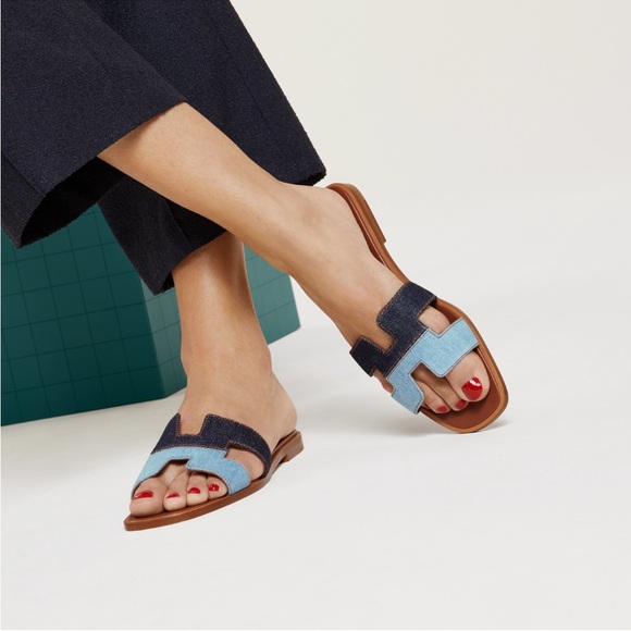 Hermes | Shoes | Hermes Denim Special Order Oran 2 Color Slide Sandal ...